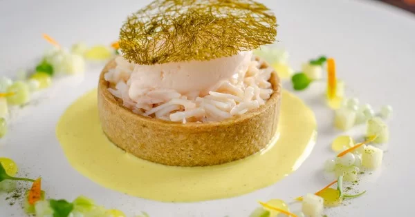 Crab Tart with Seaweed Pastry and Smoked Salmon Ice Cream