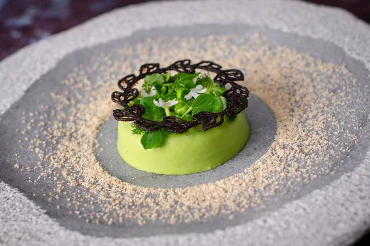 Pea Mousse with a Black Garlic Tuile and Lemon Verbena Gel