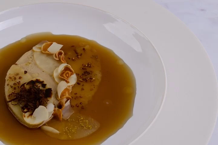 Silken Avola Almond with Salt-baked Parsnip and Celeriac, Artichoke Broth