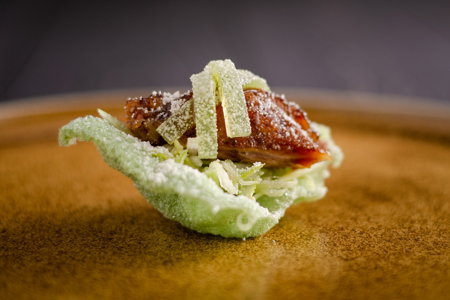 Yakitori Glazed Confit Duck on a Wasabi Cracker